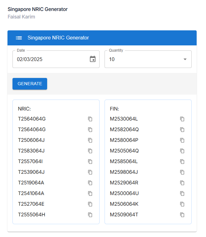 Singapore NRIC Generator / Faisal Karim